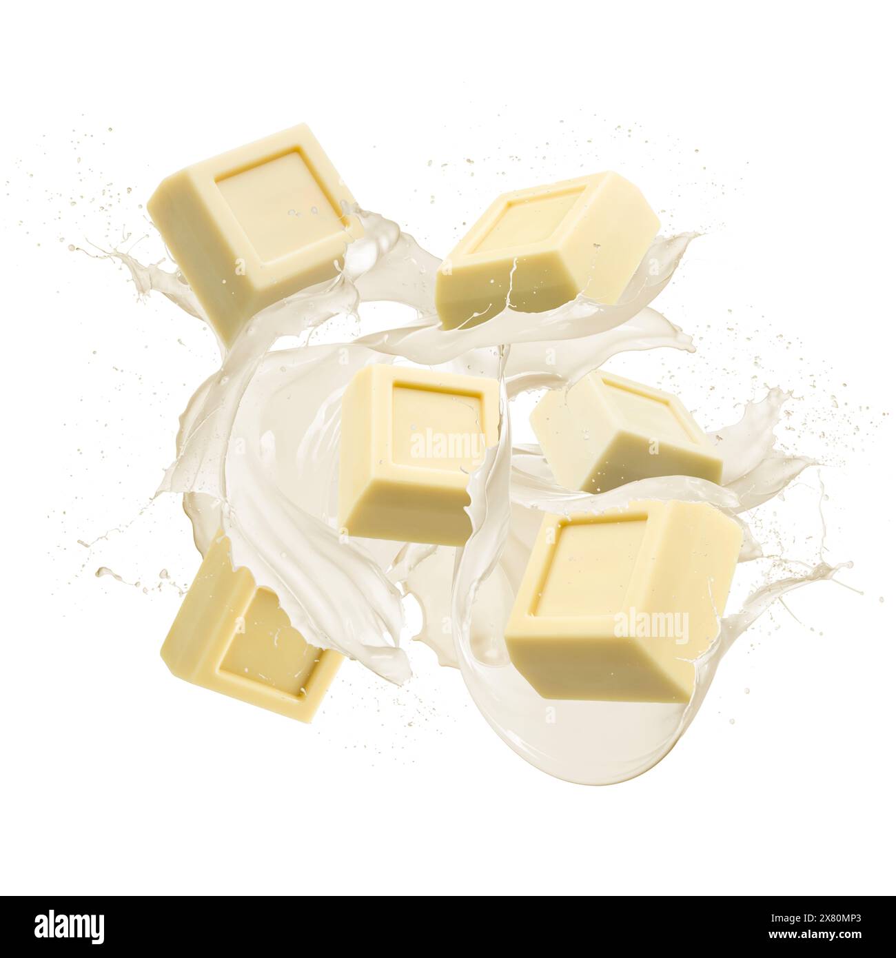 White chocolate blocks with splashing cream, isolated on white ...