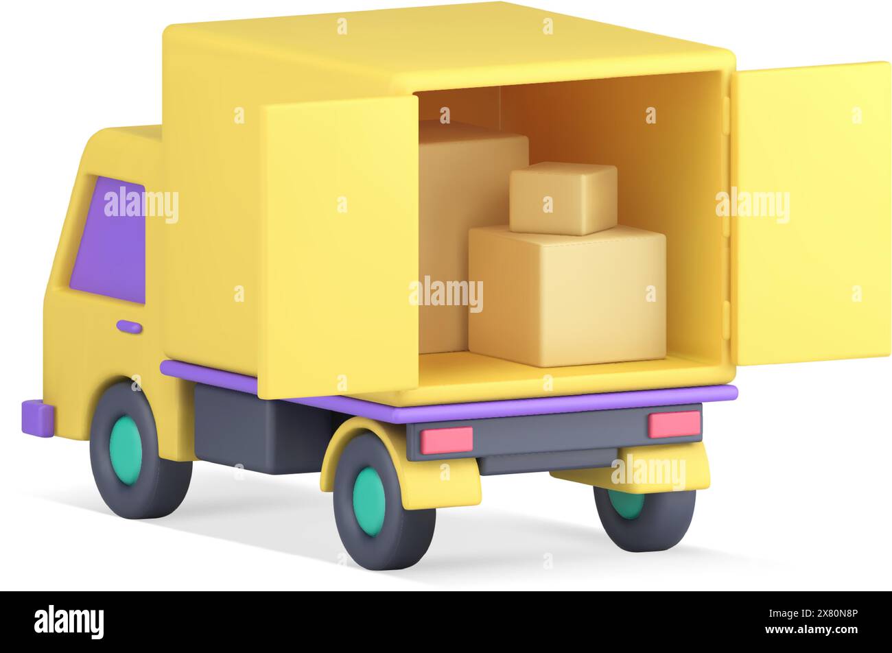 Yellow freight courier express delivery truck full of cardboard boxes ...
