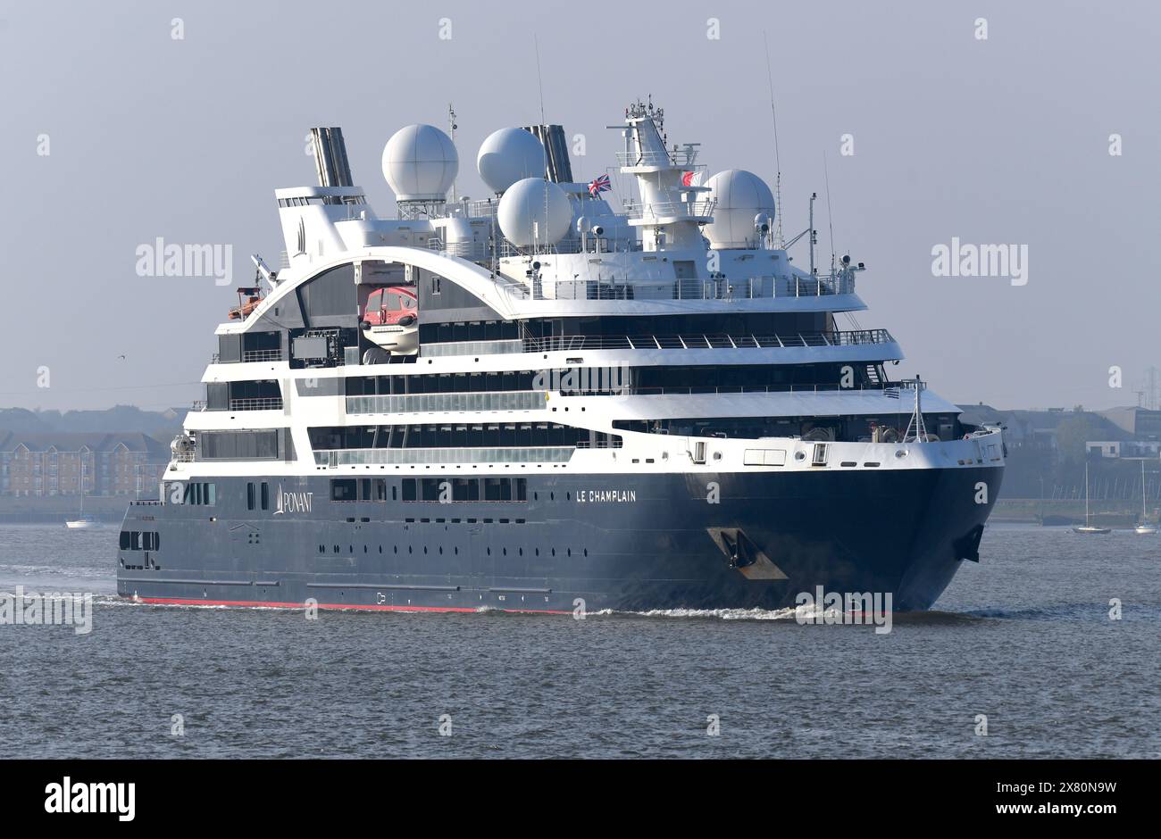 The ultra luxury cruise ship Le Champlain cruising the Thames near ...