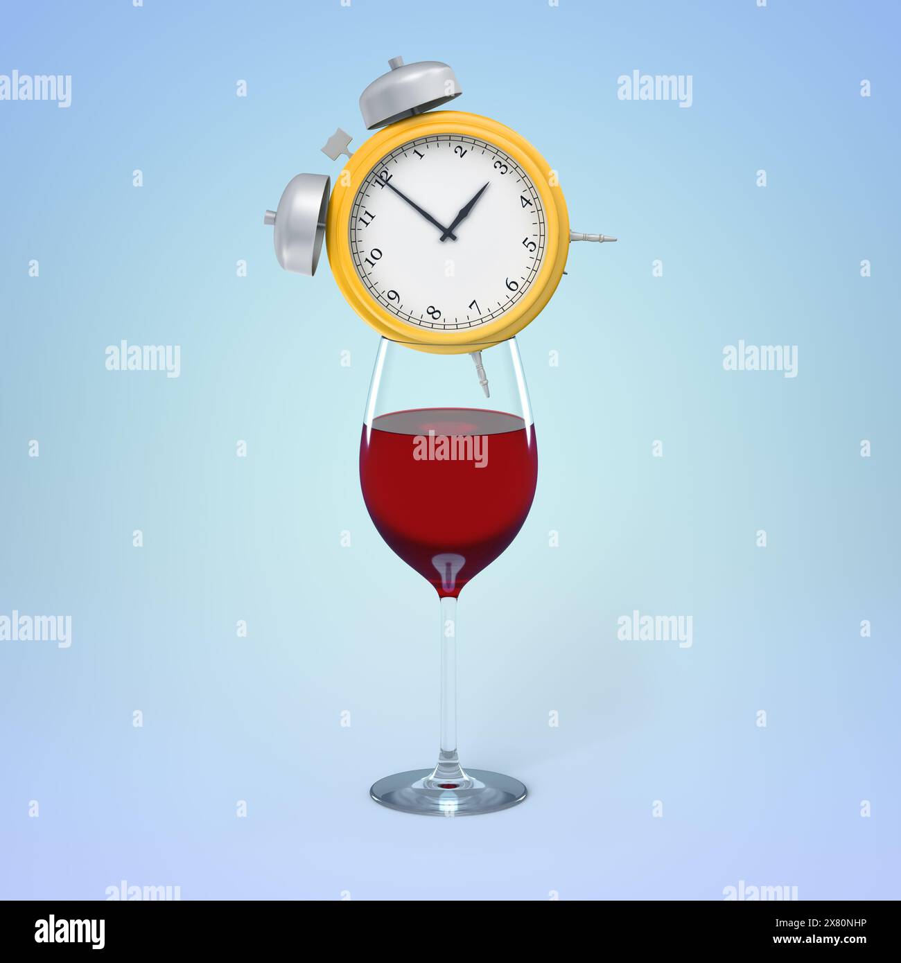 Alarm clock balancing on wine glass stem Stock Photo - Alamy