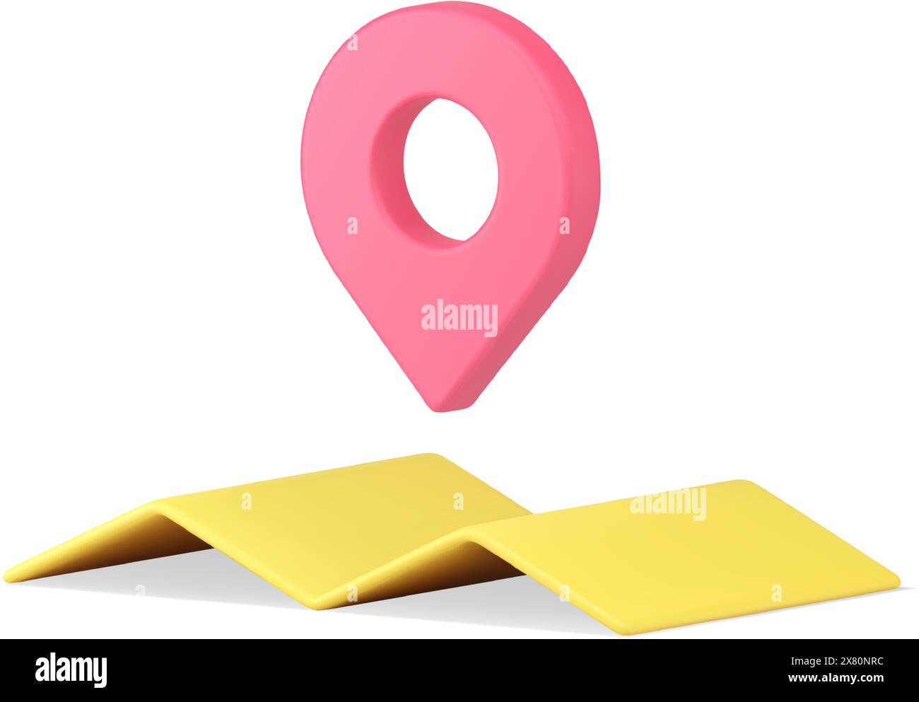 Pink location pin on paper map direction destination travel positioning navigation badge ...
