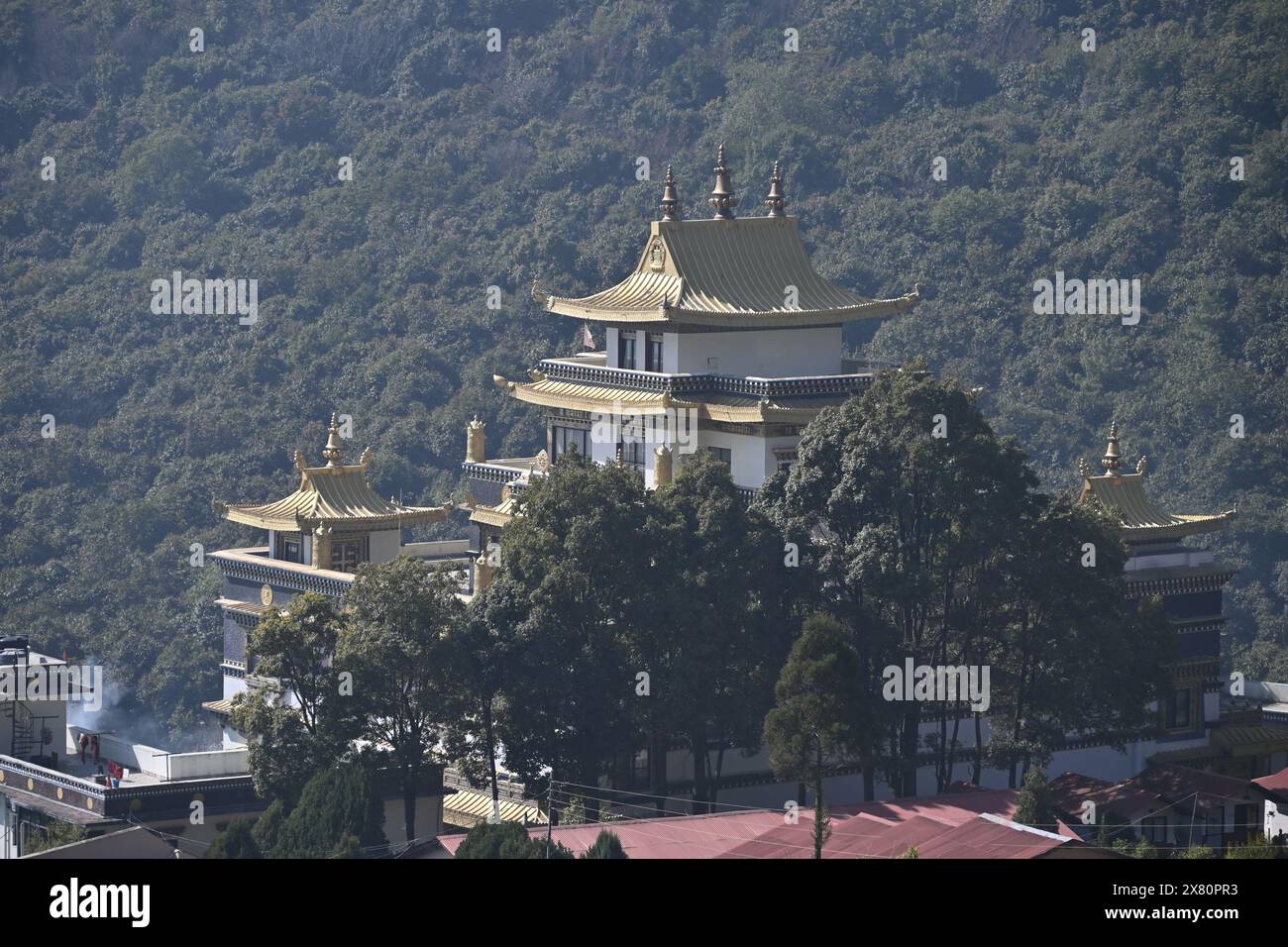 View of a hindu monastery on top of a mountain in Pharping, Nepal Stock ...