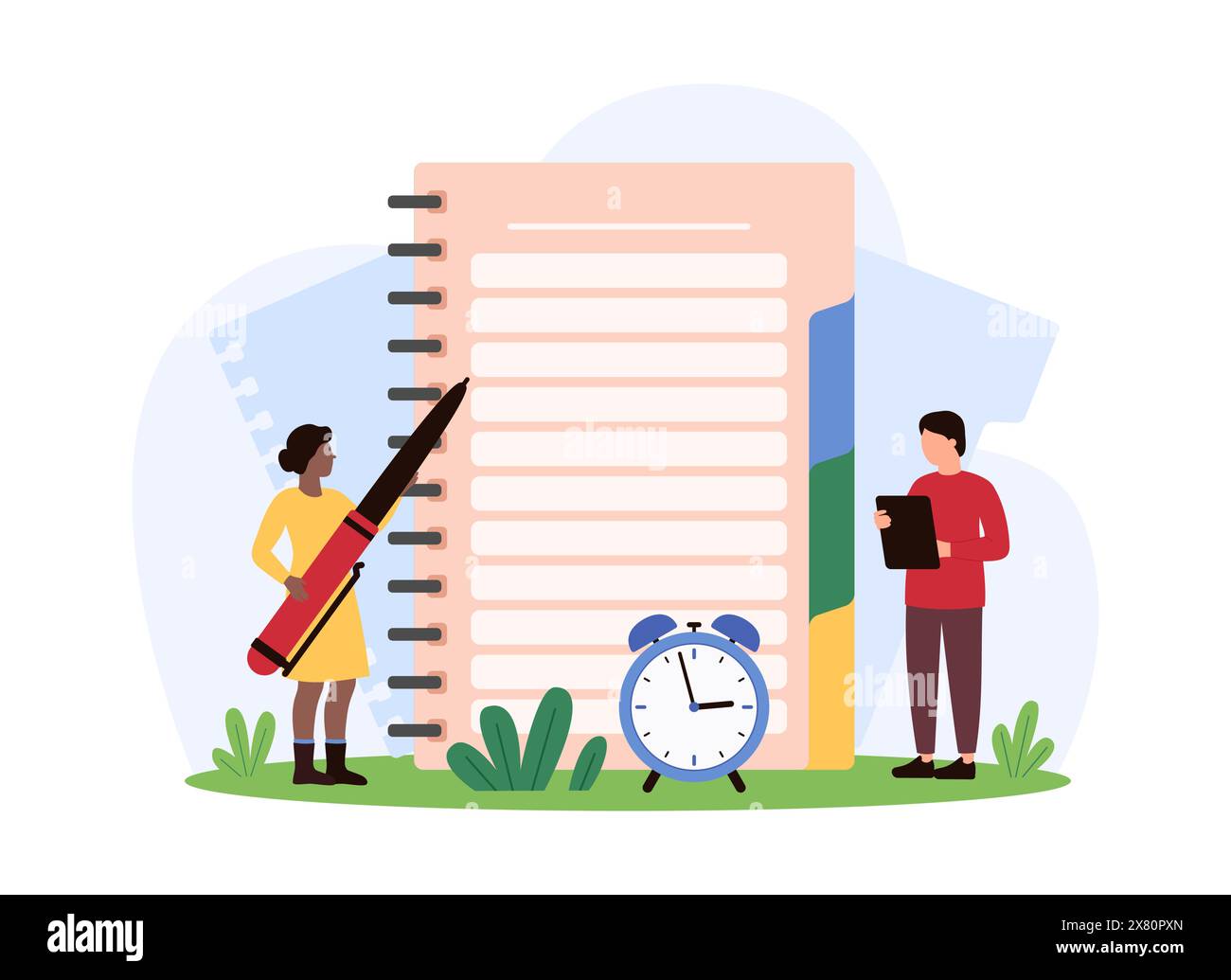 Organizer in notebook, diary and daily planning. Tiny people with pen ...