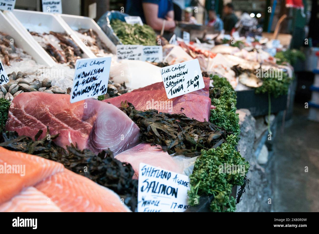 A display of fresh fish at the market stall in Borough Market London ...