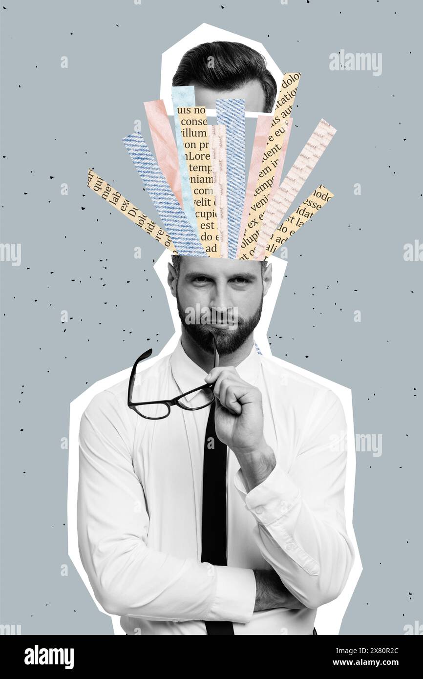 Vertical photo collage of serious wise businessman headless burn ...