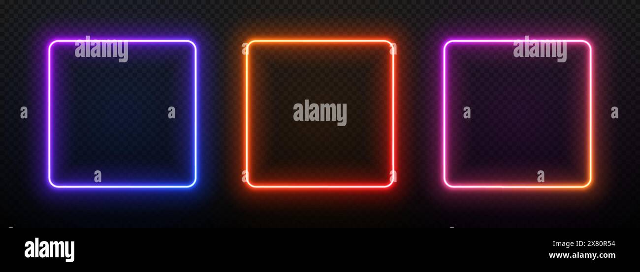 Neon light square frame. Box with led glow. Laser gradient border ...