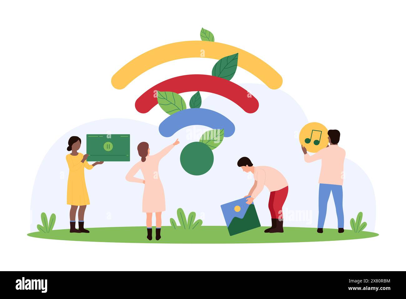 Data download using wireless internet connection. Tiny people holding ...