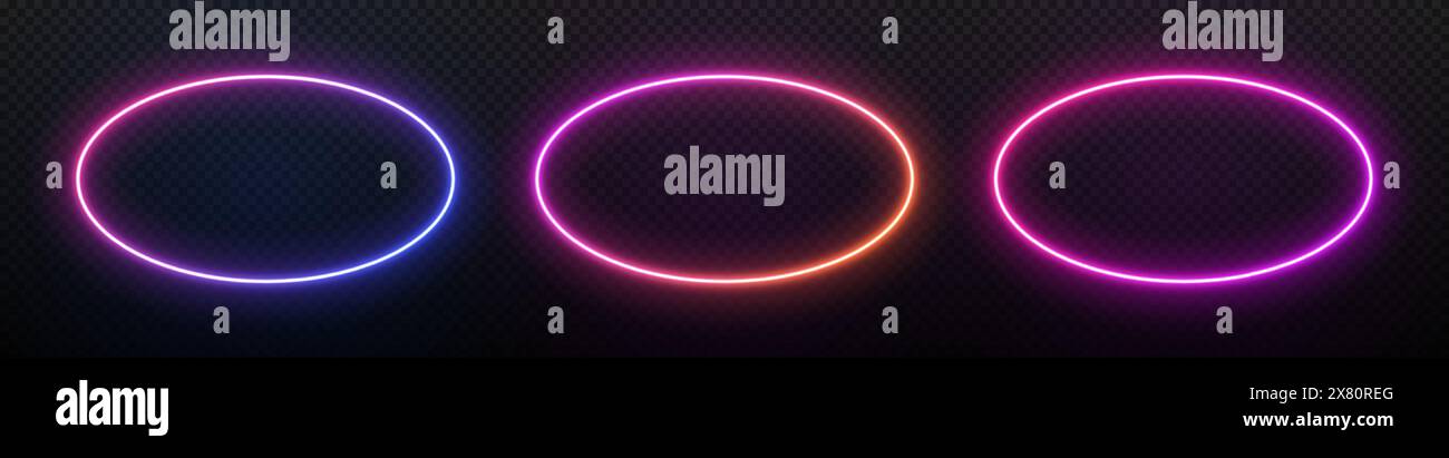 Neon oval frame. Circle laser light. Ellipse with led glow. Electrical ...