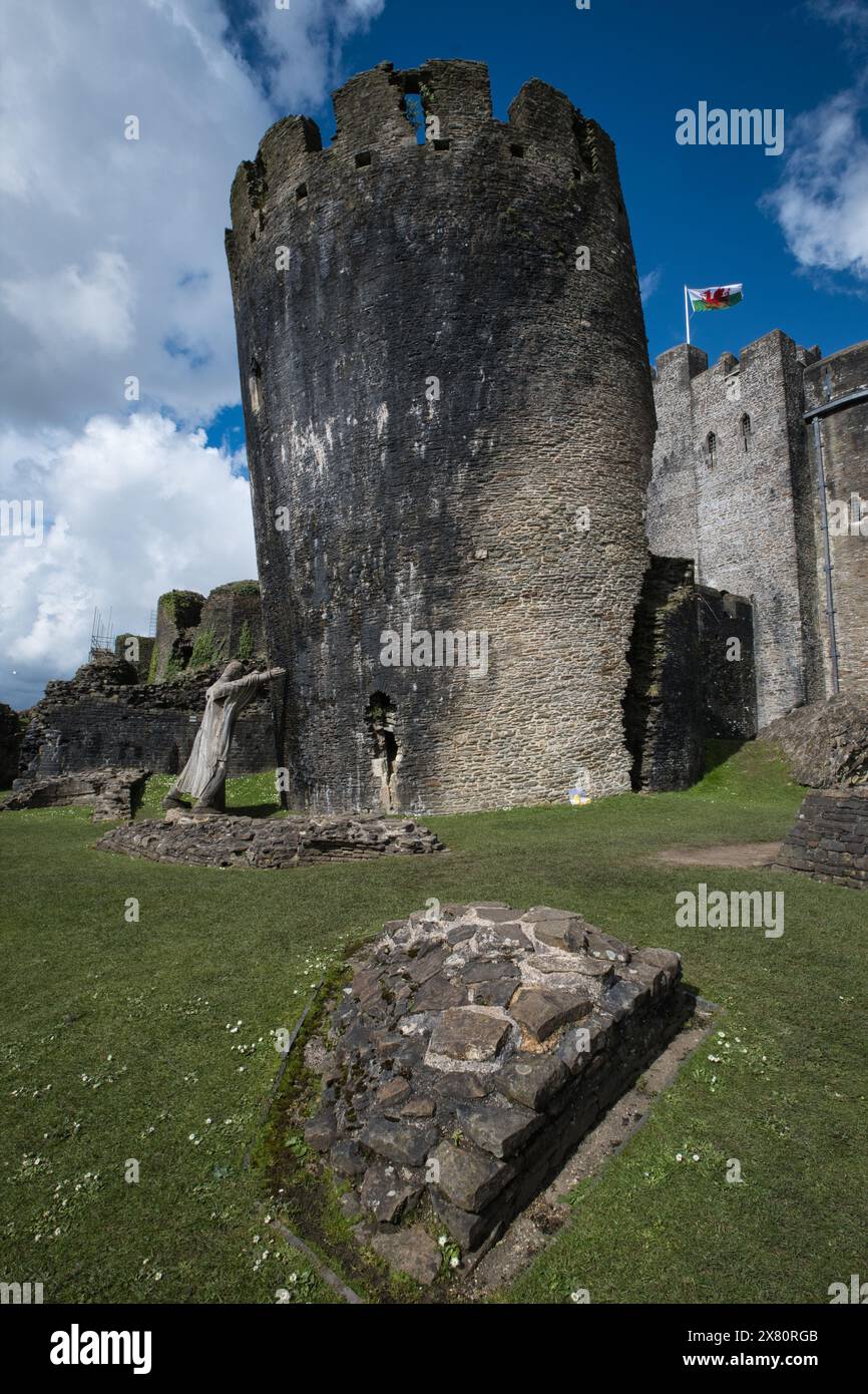Exterior view of Caerphilly Castle wall and moat in early Spring, Wales ...