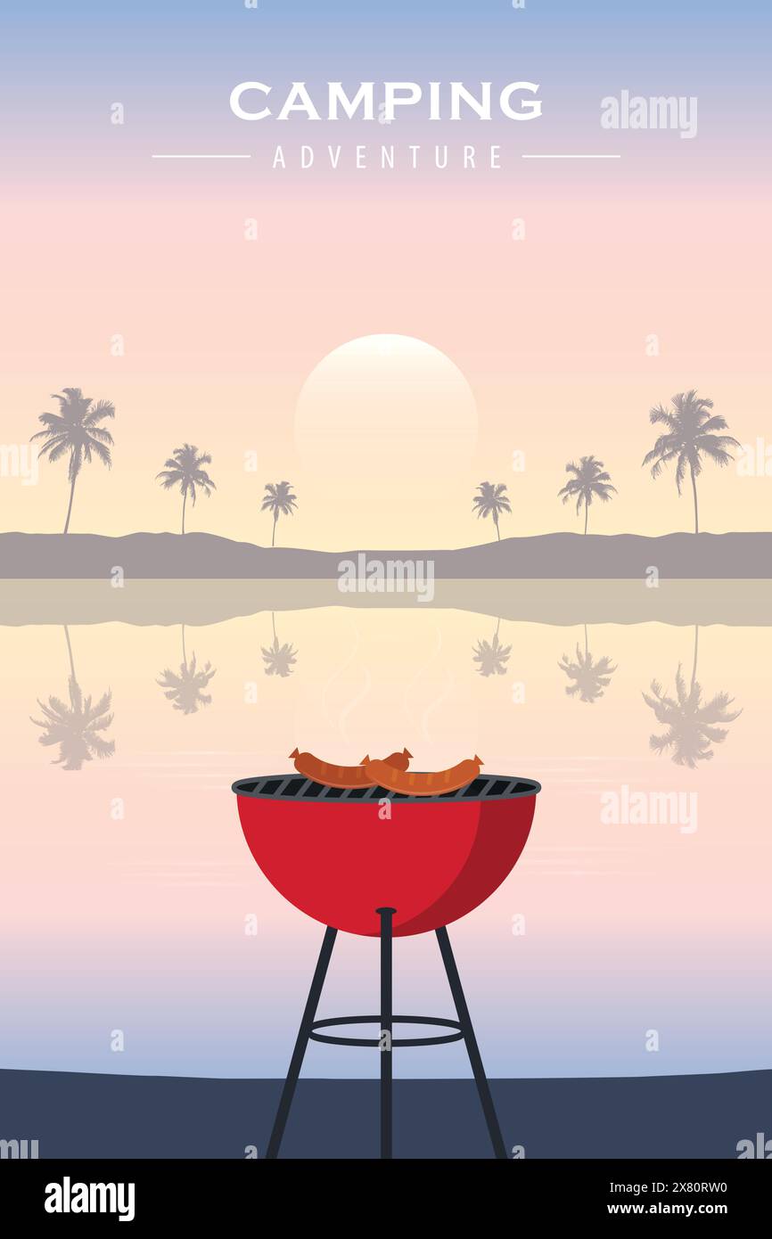 camping and bbq summer holiday by lake vector illustration Stock Vector ...