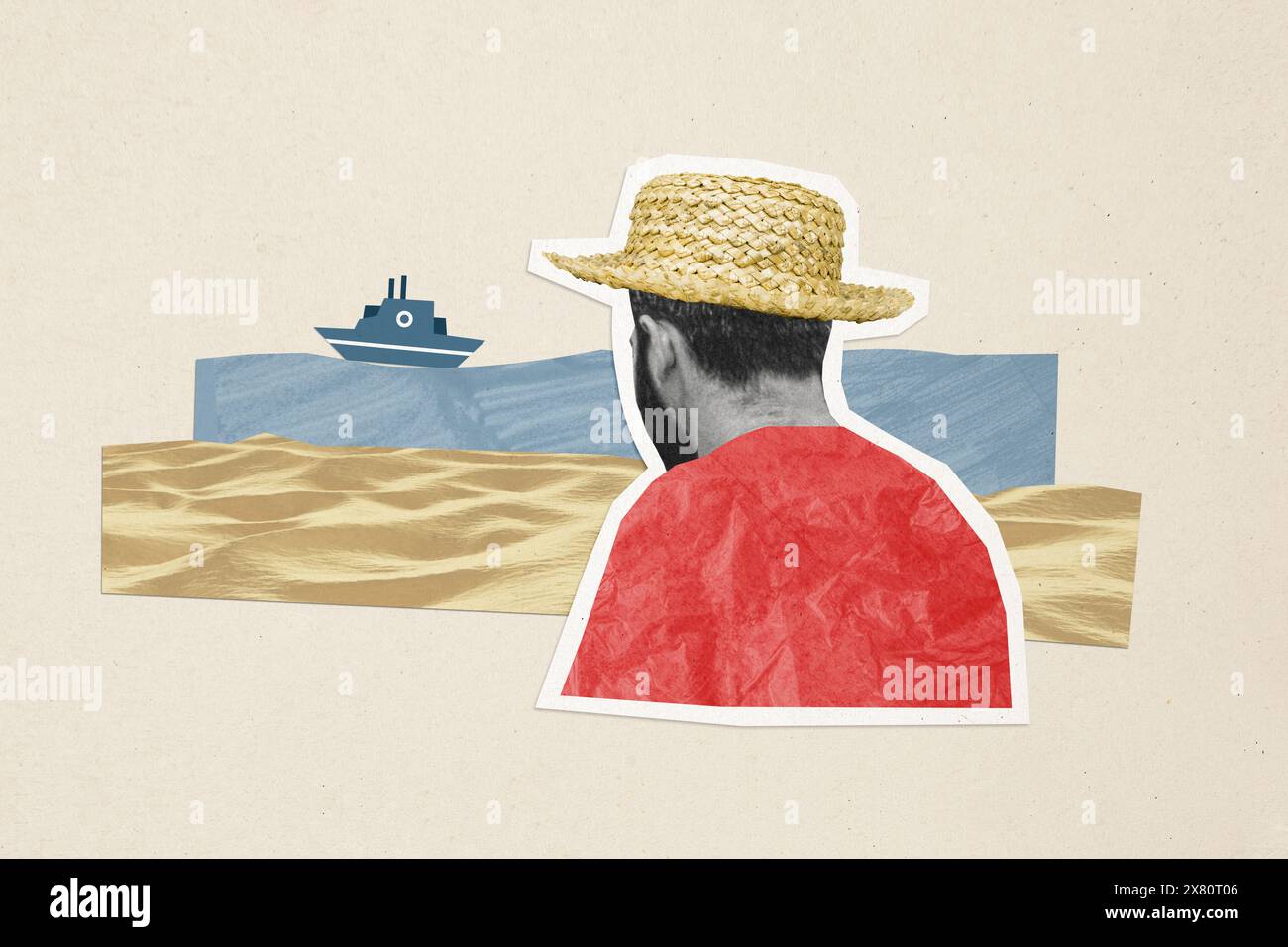 Composite photo collage of man wear straw hat stand back watch vessel ...