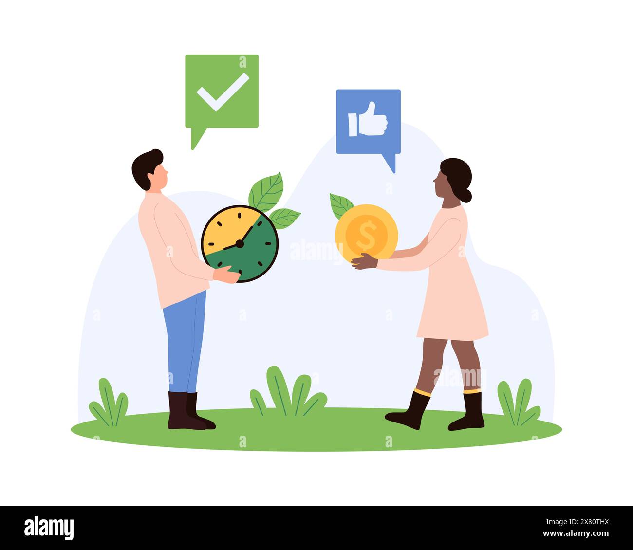 Time is money, investment of time in future income. Tiny people holding ...