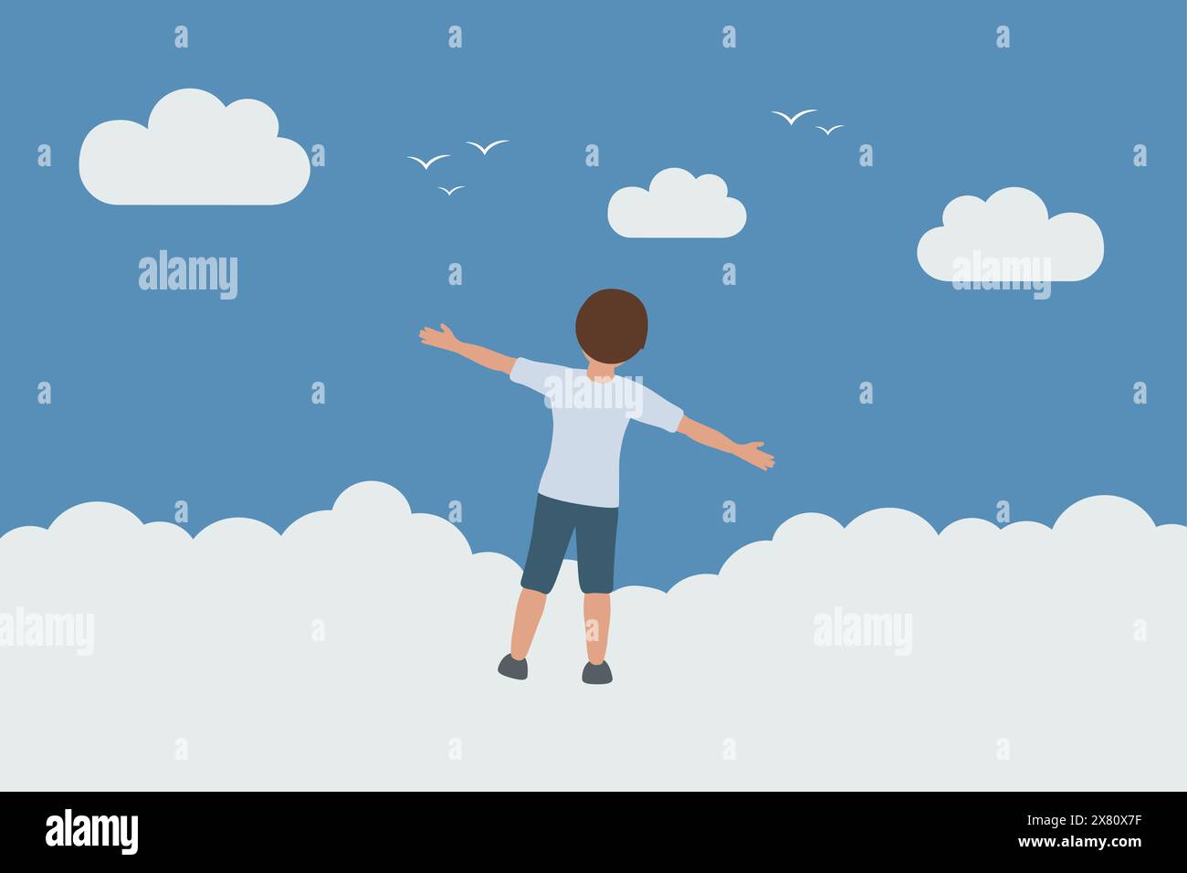 little boy dream about flying with birds in the sky vector illustration ...