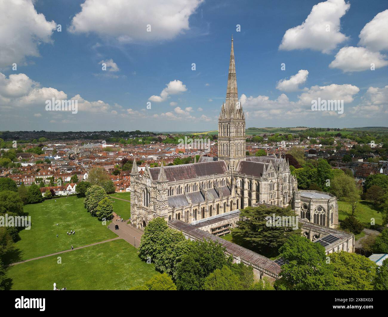 Aerial view of The Great West Front of Salisbury Cathedral, Salisbury ...