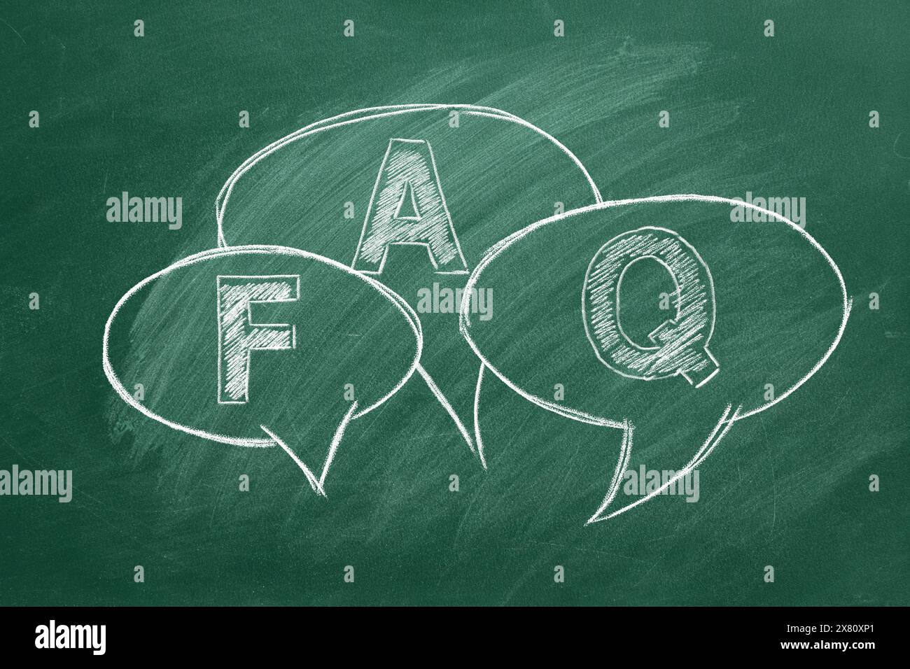 Chalk-drawn speech bubbles containing the letters F, A, and Q on a ...