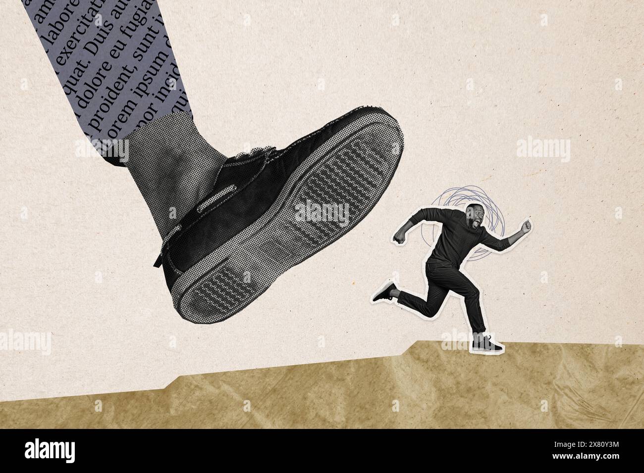 Composite collage picture of horrified tiny american guy run under big ...