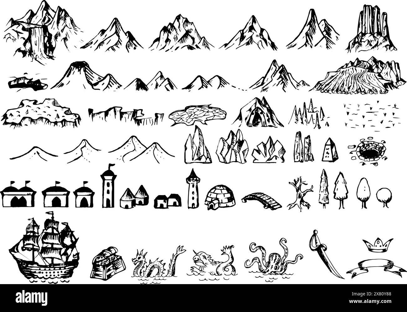Fantasy map elements for fantasy map creating, mountains, ship, sea ...