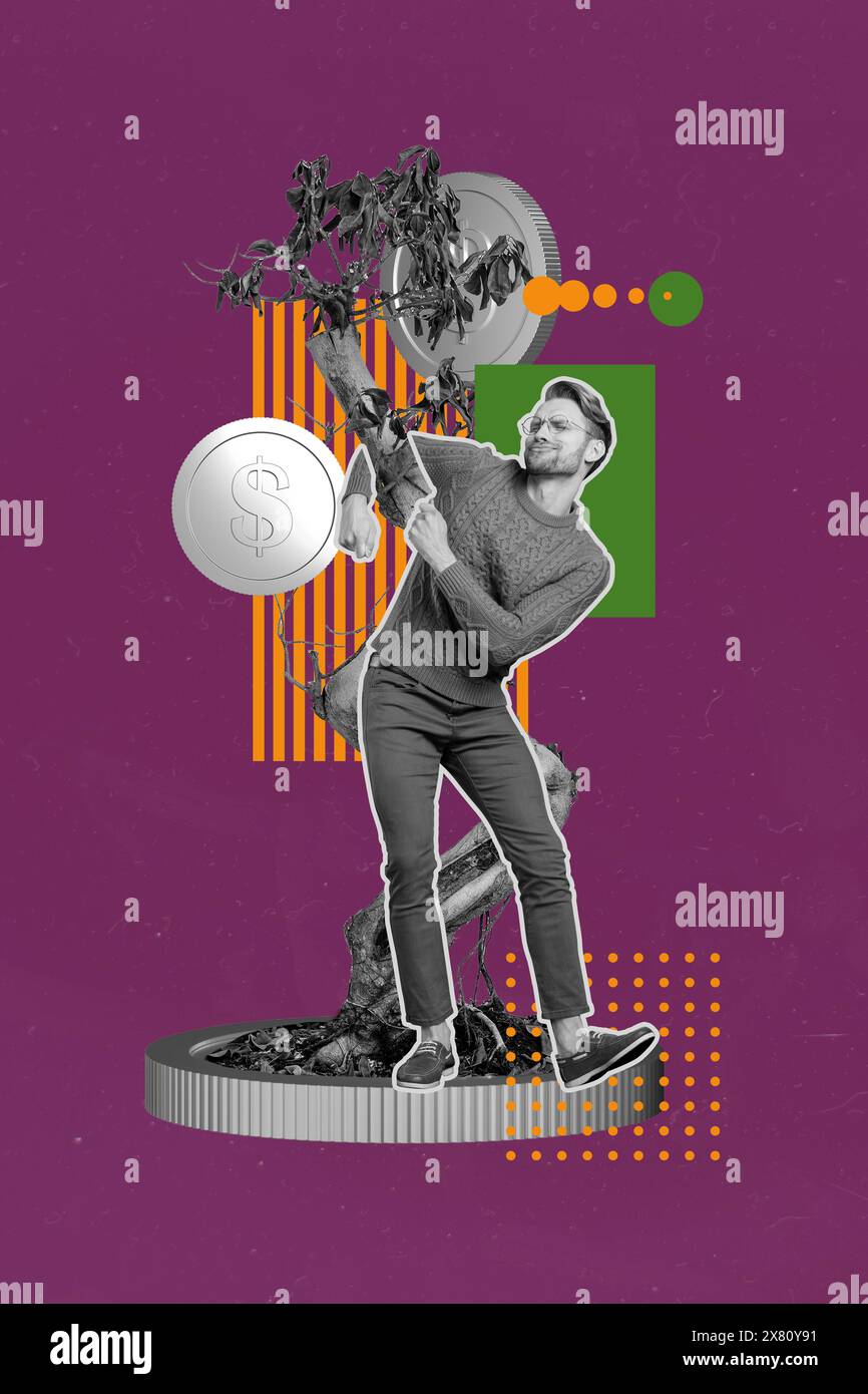 Creative abstract template collage of dancing man earning money tree ...