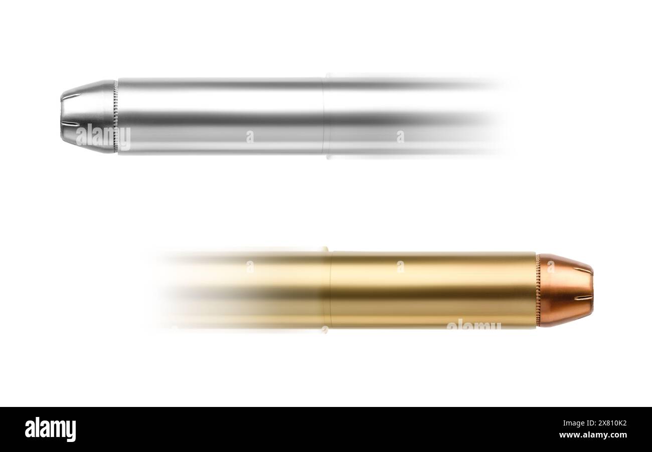 Silver and golden bullets flying to the opposite sides isolated on ...