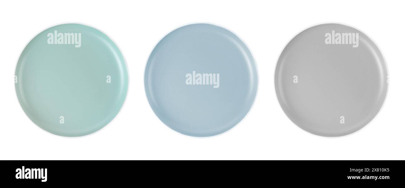 Set of three empty plates isolated on white background with clipping ...