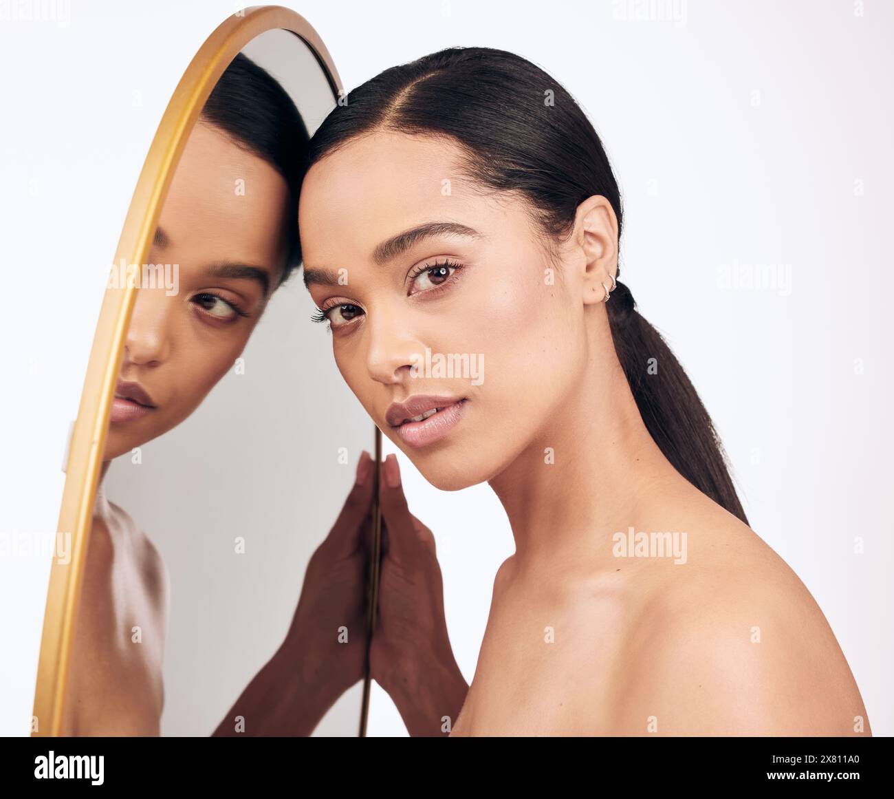 Woman, skincare and mirror reflection for clear skin from collagen ...