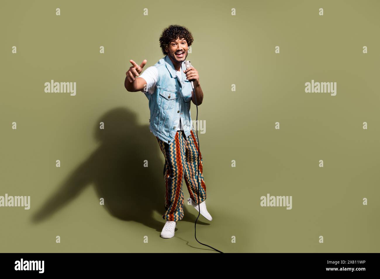 Full body photo of attractive young man sing microphone karaoke have ...