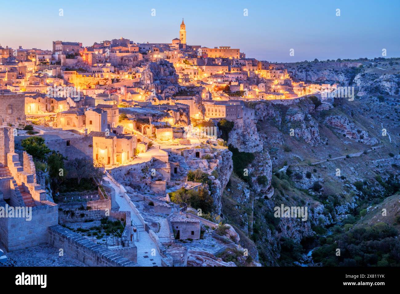 Sunset/Blue Hour over the old Sassi of Matera, The old town carved out ...