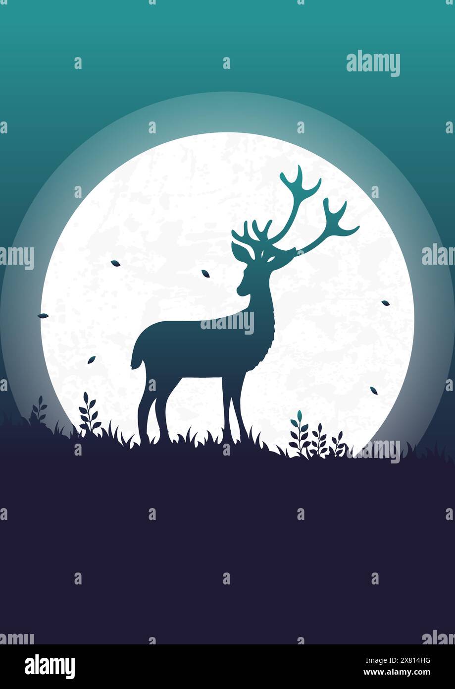Minimalistic full moon skyscape and doe silhouette. Wildlife animals in ...