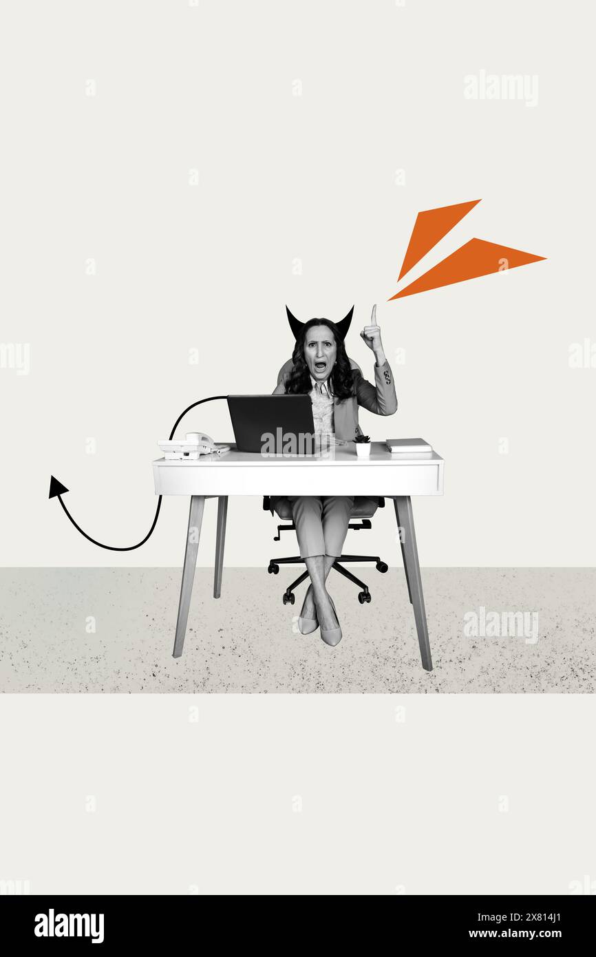 Vertical photo collage mature lady boos devil demon monster workplace ...