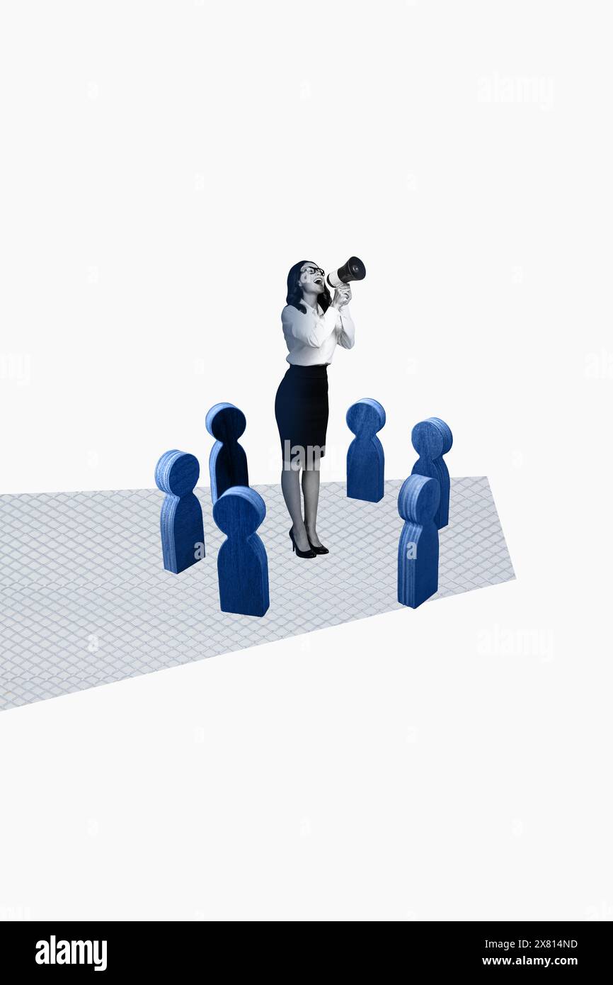 Vertical collage image young attractive lady announce bullhorn ...