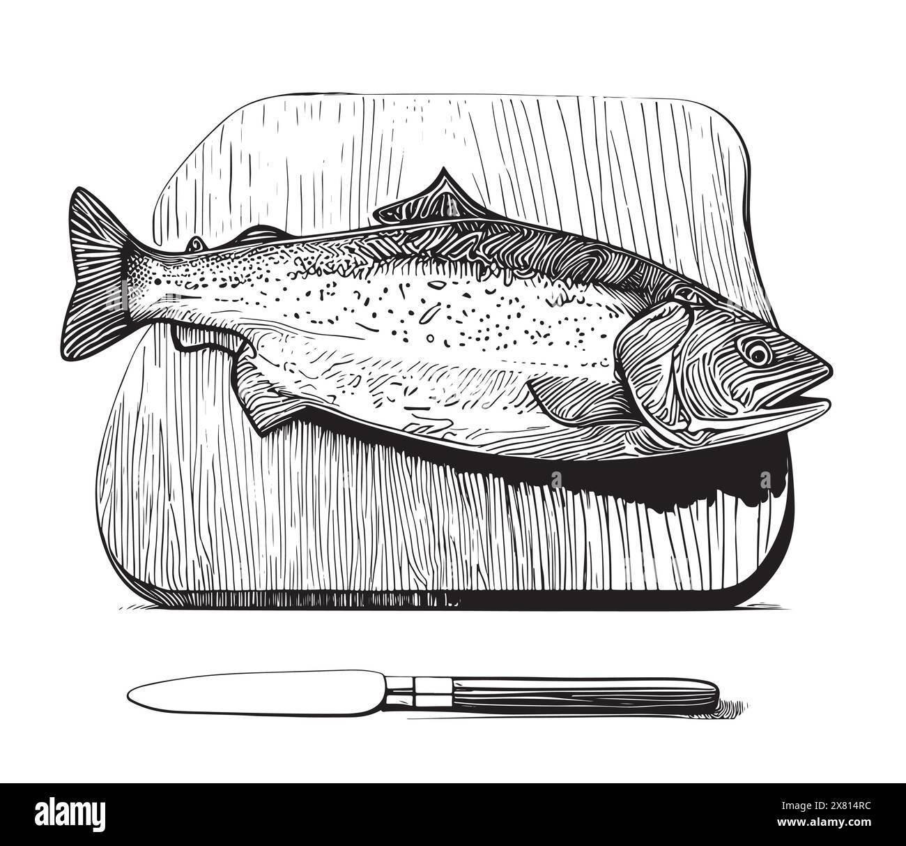 fish steak on cutting board hand drawing sketch engraving illustration ...