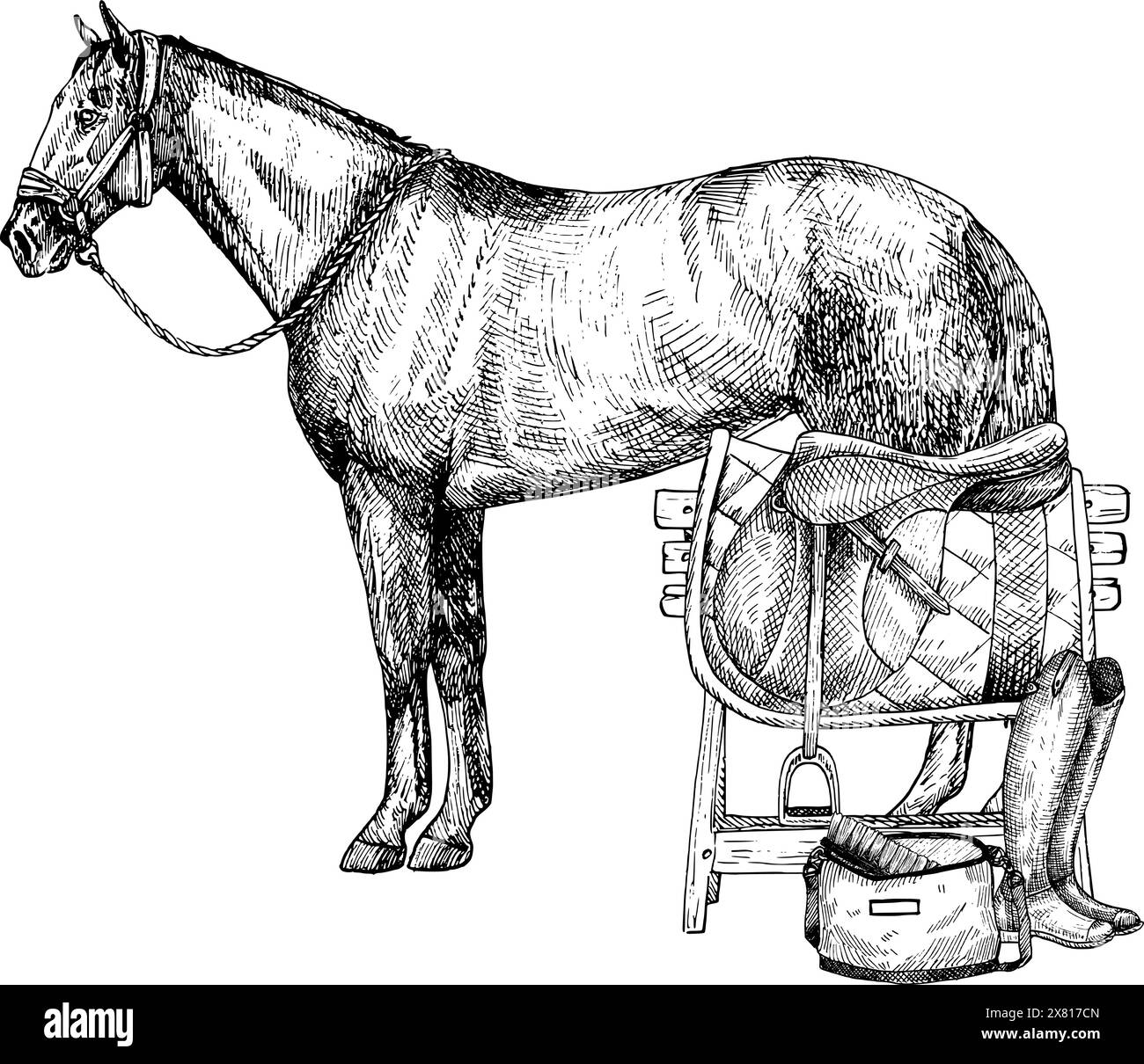 Graphic vector illustration of horse, saddle on wooden stand. Boot, bag ...