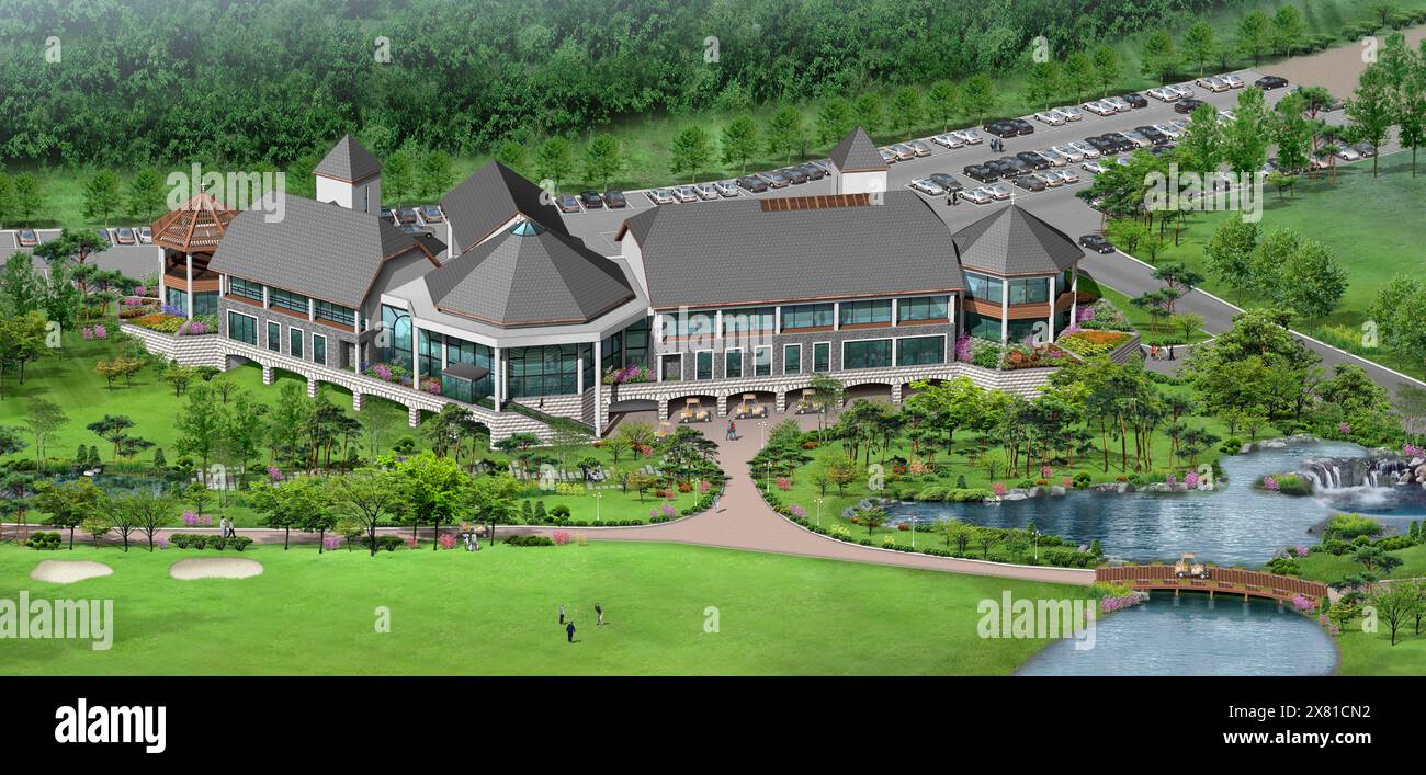 3d rendering a gorgeous golf club house in the country Stock Photo - Alamy