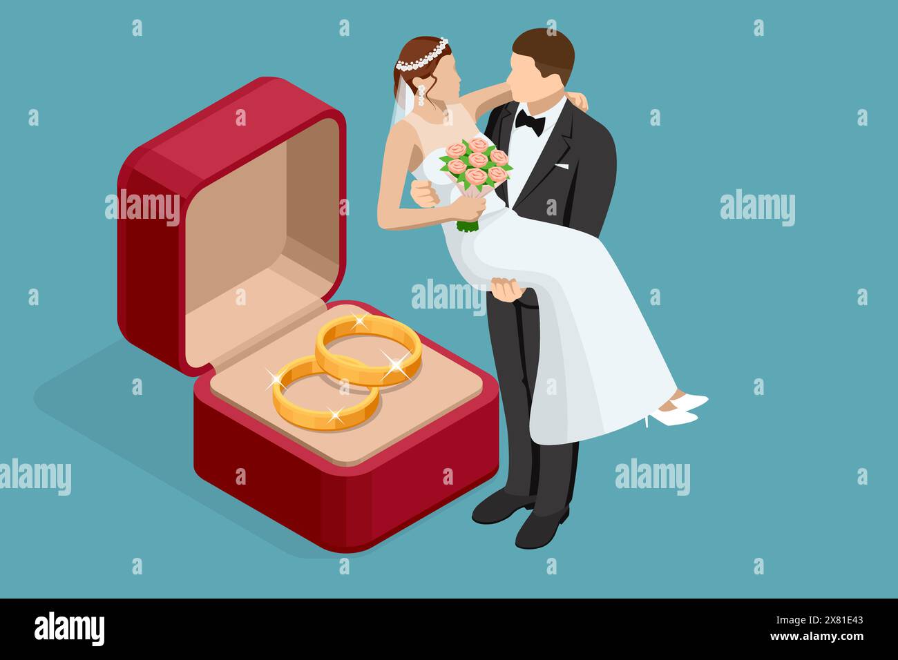 Isometric Golden wedding rings in a gift box, the groom in a suit and ...