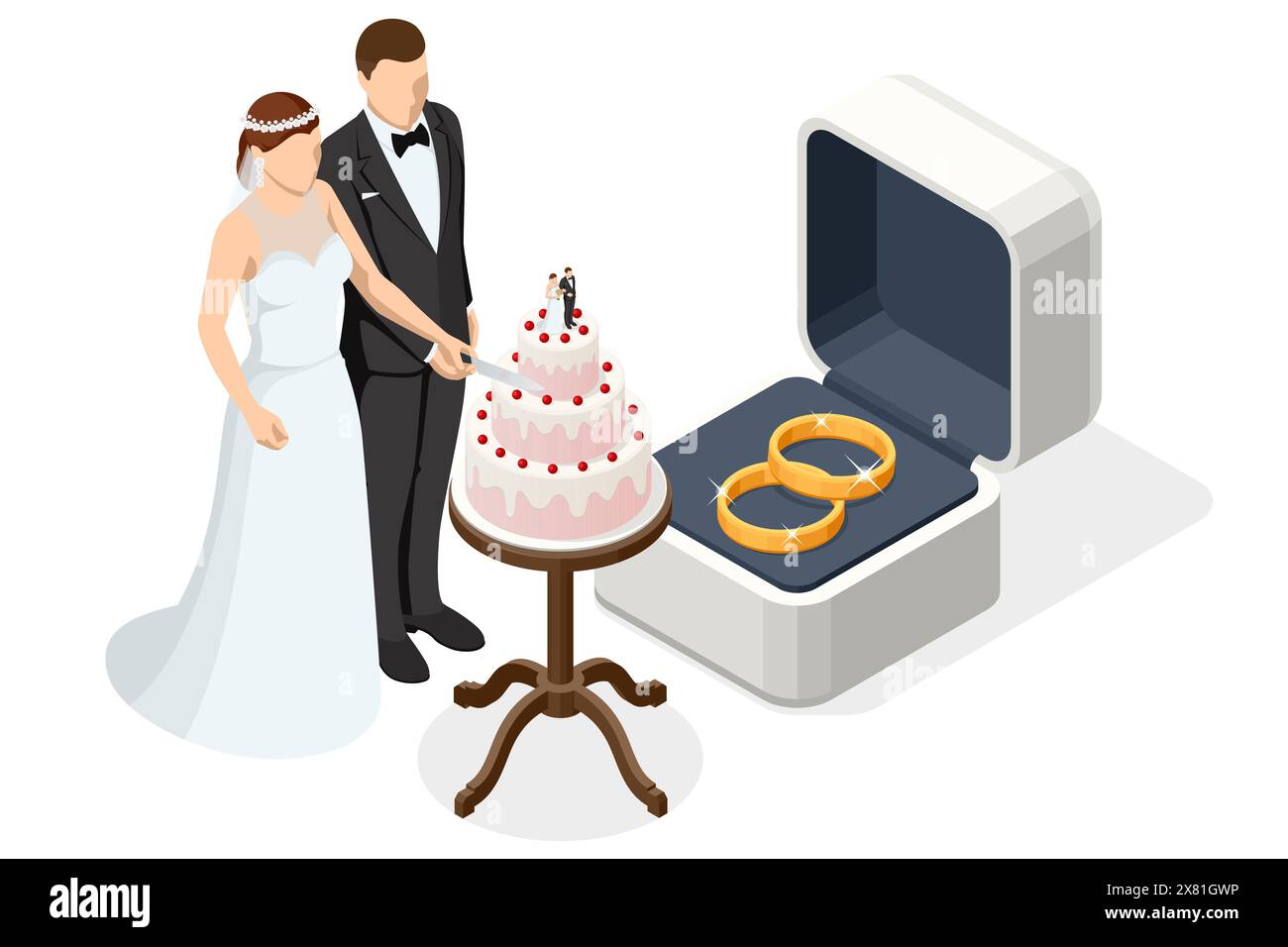 Isometric Golden wedding rings in a gift box, the groom in a suit and ...