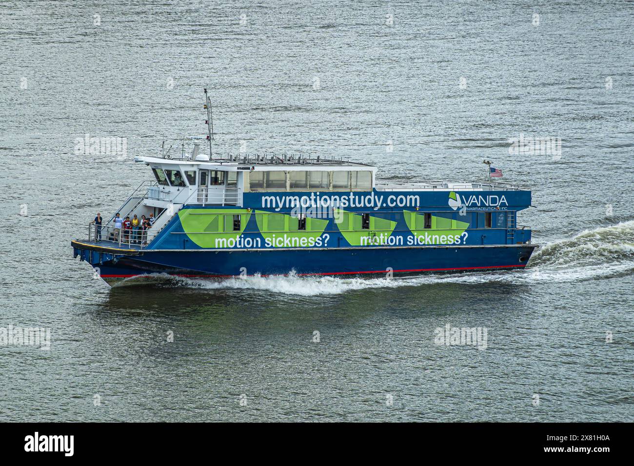 New York, NY, USA - August 1, 2023: Blue Ferry boat on Hudson river ...