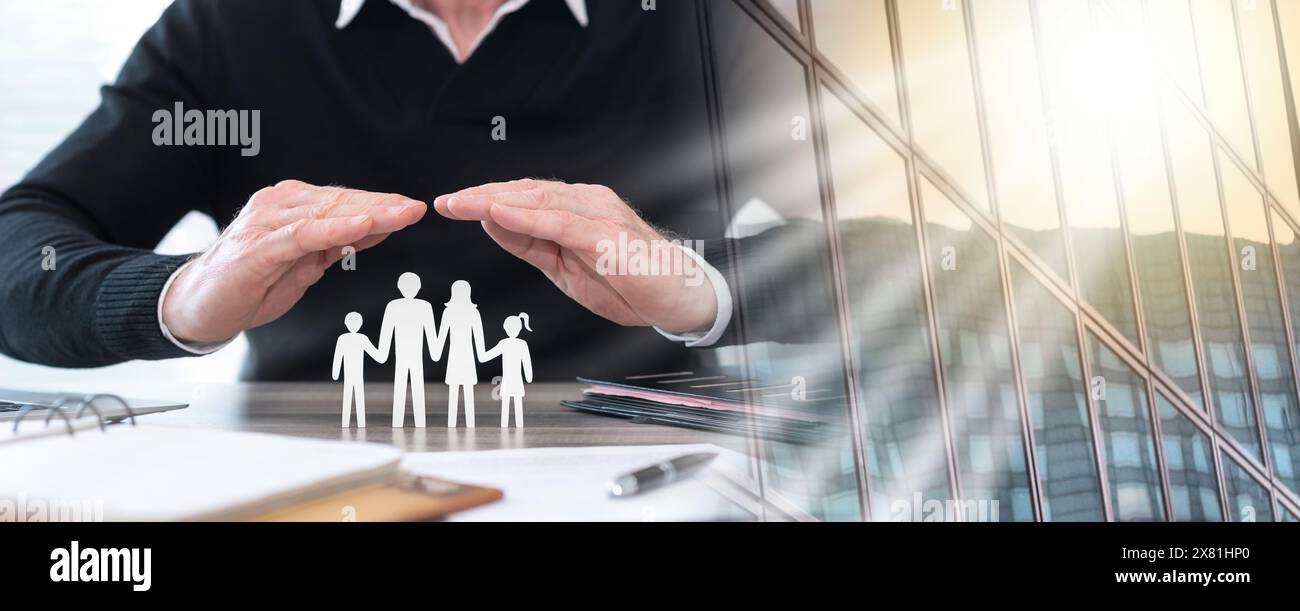 Insurer protecting a family with his hands; multiple exposure Stock ...