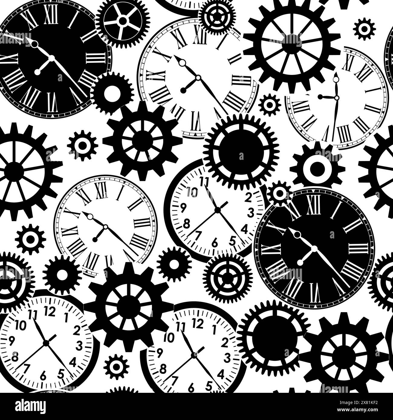 Black and white gears and clocks seamless pattern on white background ...