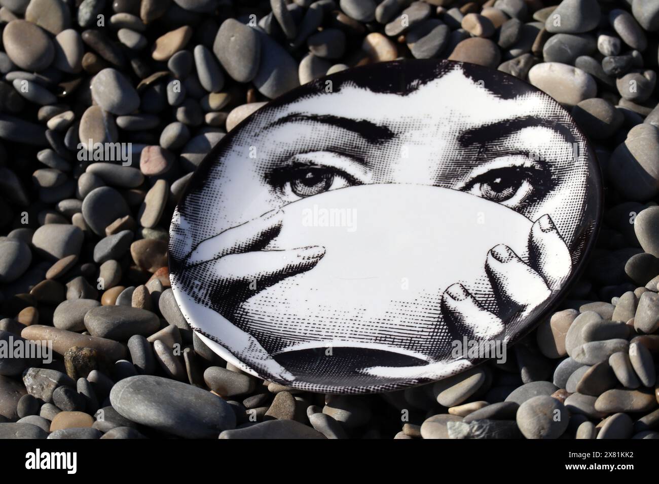 Fornasetti plate on the pebble beach, the face belongs to Italian opera ...