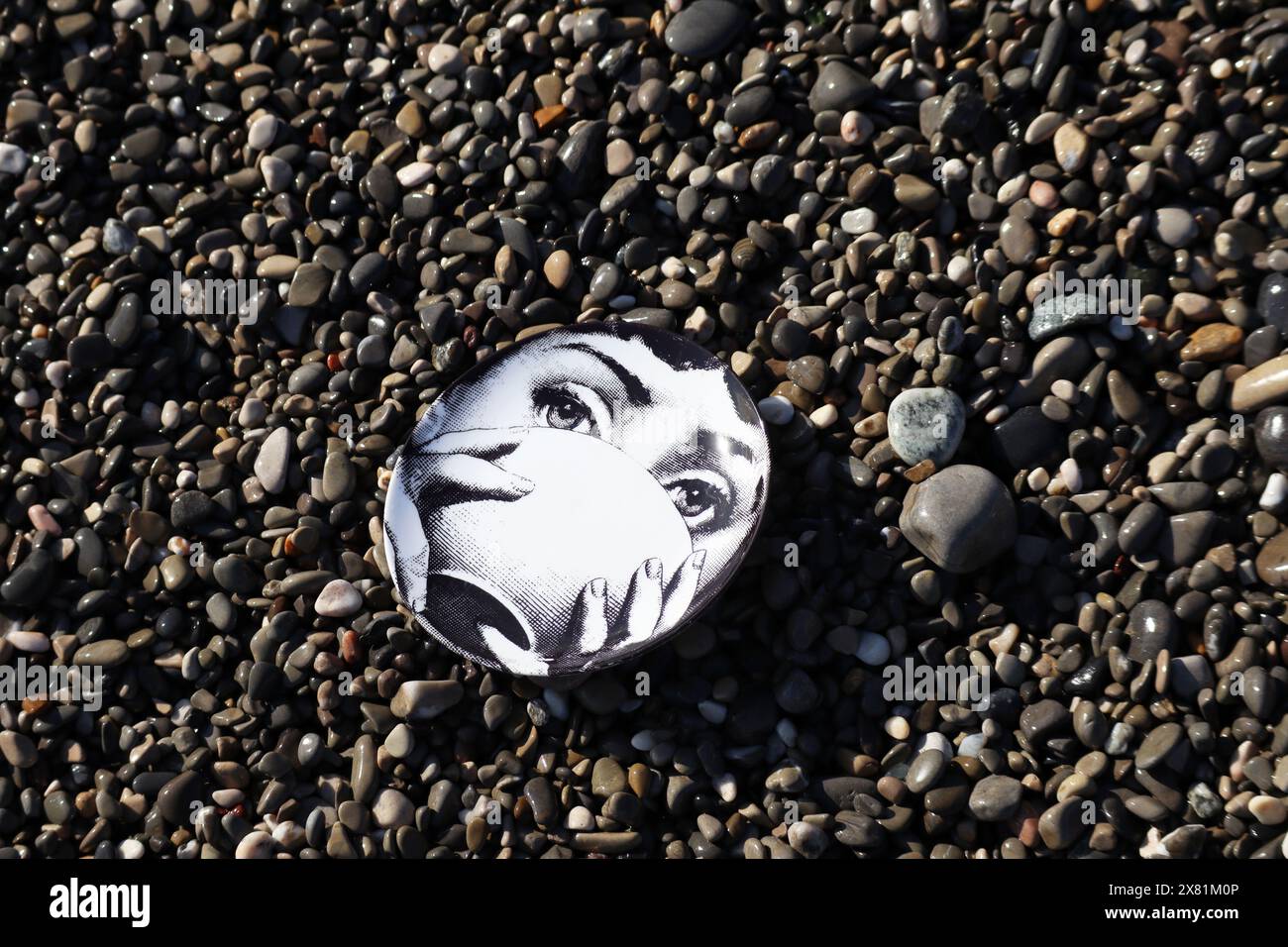 Fornasetti plate on the pebble beach, the face belongs to Italian opera ...
