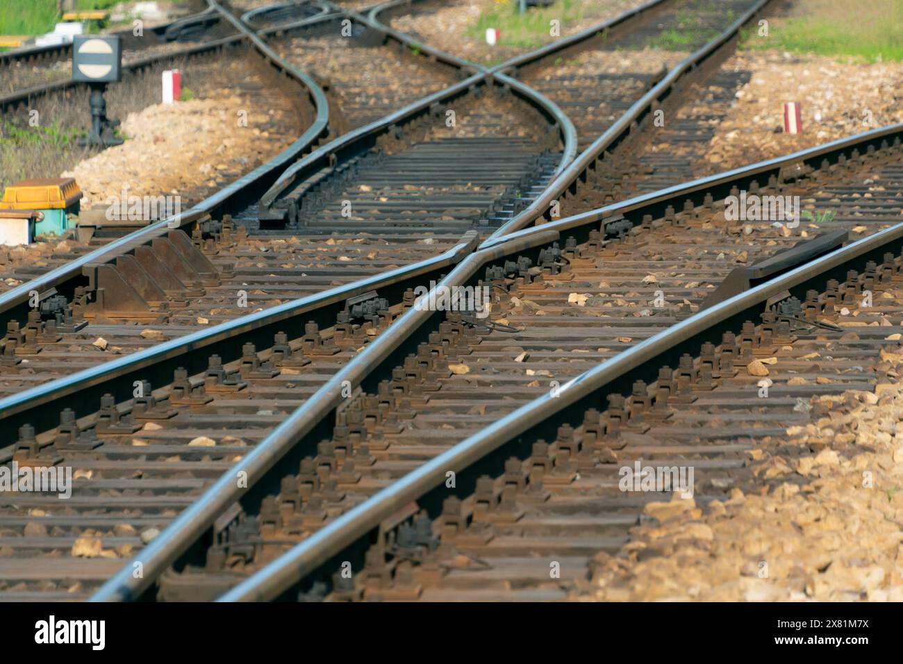 Fork in the railway tracks, close-up. Transport, rail traffic, rail ...