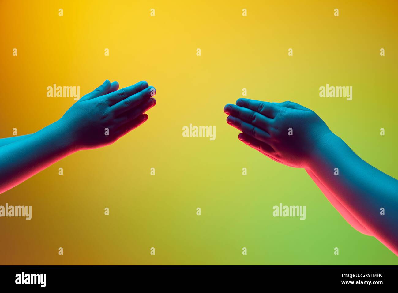 Child gesturing with hands against gradient green yellow background in ...