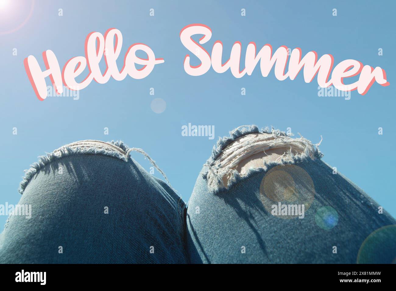 Hello Summer. Legs in torn jeans against a blue sky. Illustration Stock ...