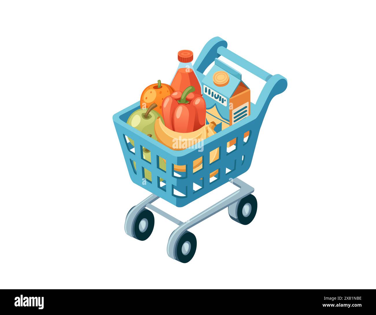 Blue color shopping cart from grocery store fulfill with goods vector ...