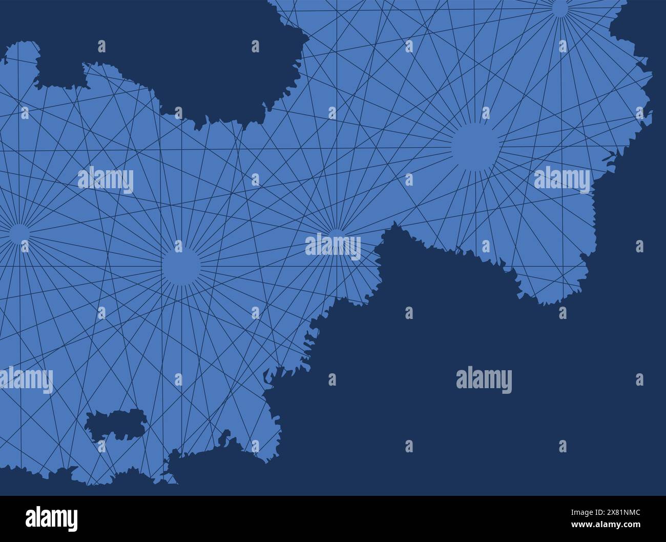 Portolan map, two continents coastline and a sea. Blue. Middle ages ...
