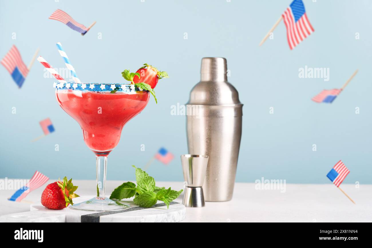 4th of July Holiday background. Patriotic Cocktail and flying or ...