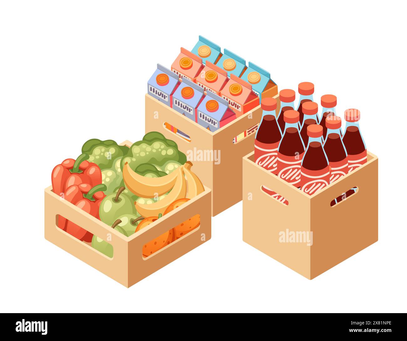 Set of wooden boxes and crate with drinks and food fresh vegetables and ...