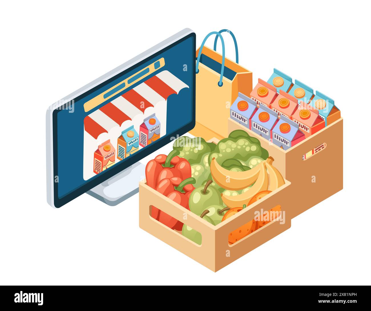 Computer display monitor with tent and wooden crate with grocery goods ...