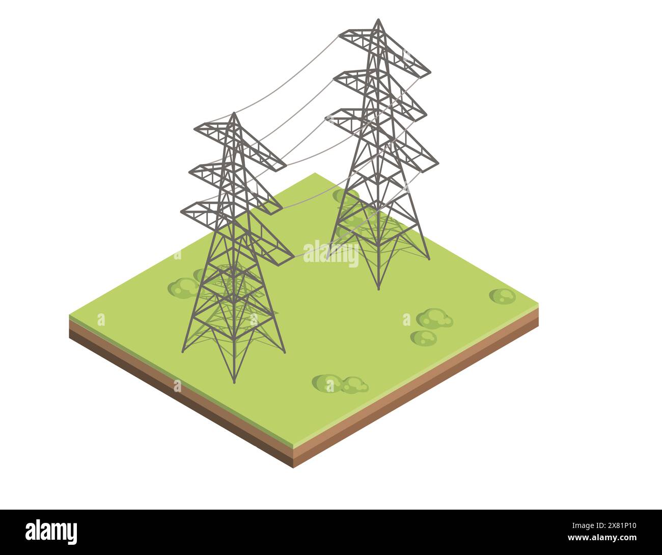 High voltage towers with cables standing on green square of ground ...