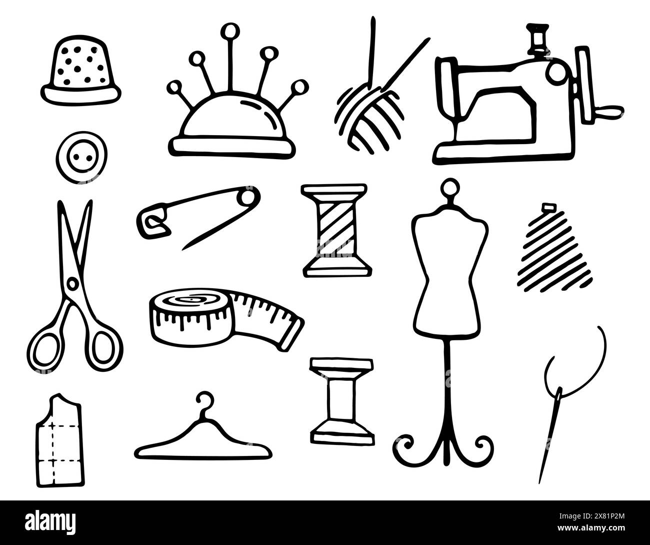 Set of sewing and needlework tools icon black and white vector ...